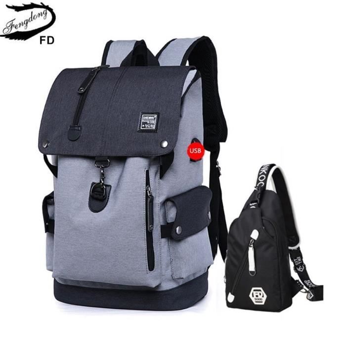 Gris - Fengdong 2pcs big size black waterproof backpack men school bag set high school backpack ...