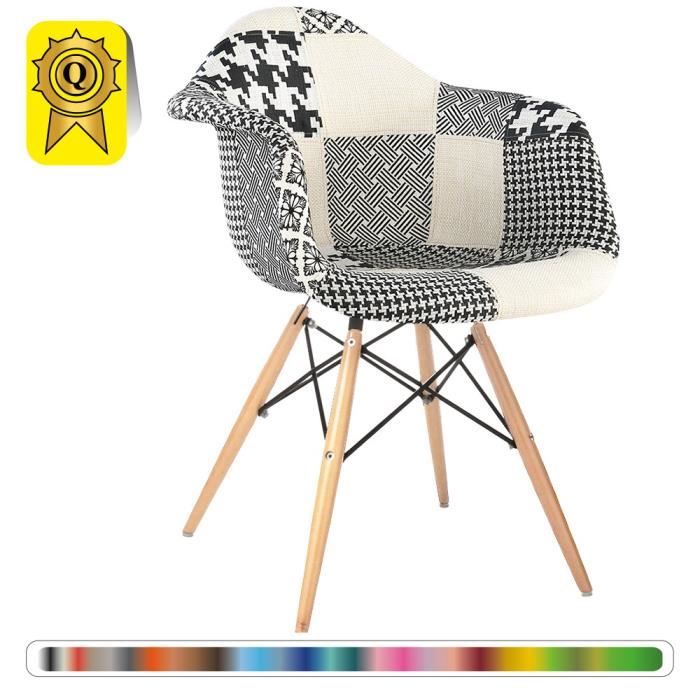 1 x Fauteuil Design Scandinave Patchwork Noir Blanc pieds: bois naturel Decopresto DP-DAWL-PN-1 ...