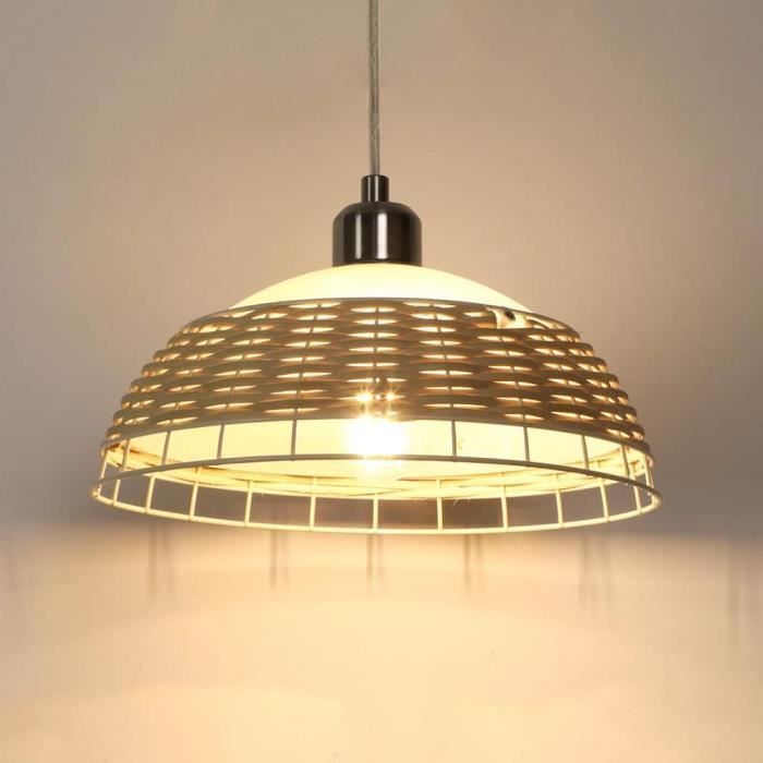 Lustre - DEPULEY - Vintage - Verre et rotin naturel - Hauteur réglable ...