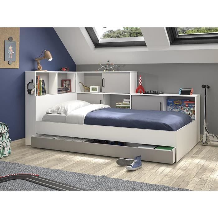 Lit avec rangements et tiroir 90 x 200 cm - Coloris : blanc et gris ...