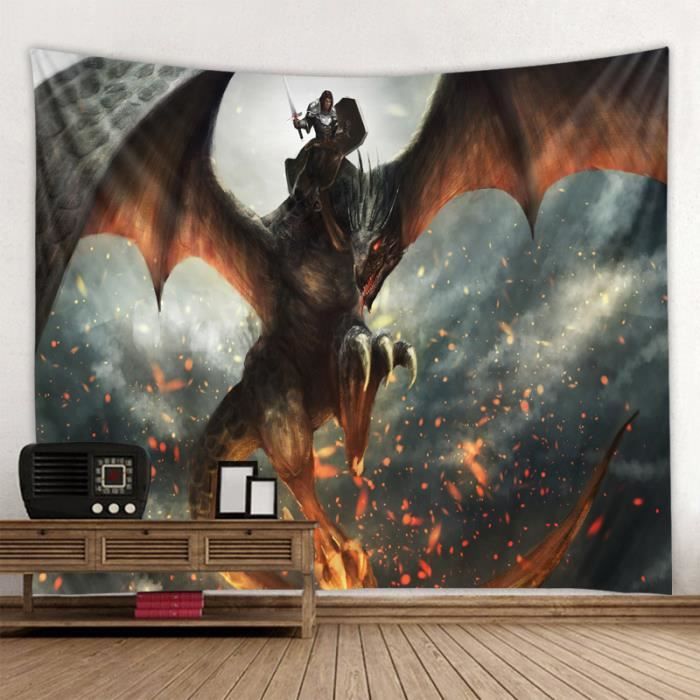 TAPISSERIE BRODEE,2020-1097-95x75cm--Tenture murale multifonction motif Dragon maléfique, couvre ...
