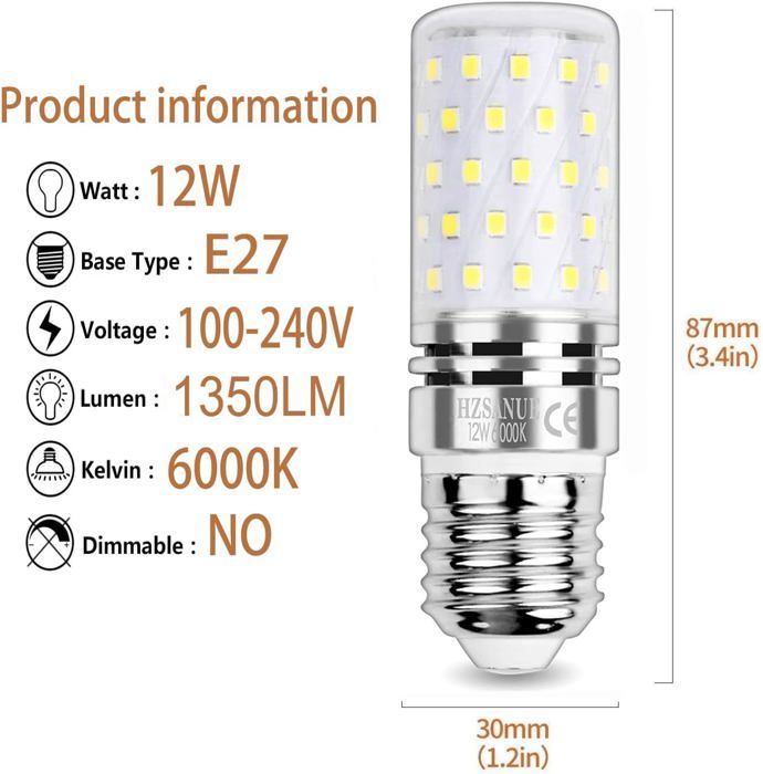 Ampoule Maïs Led 12W, E27 Edison Vis Ampoules, Blanc Froid 6000K, 1350Lm, Équivalent Ampoule ...