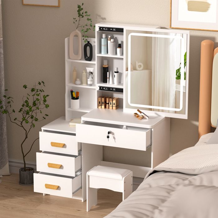 Coiffeuse avec miroir LED, Coiffeuse avec 4 tiroirs,4 étagères, Moderne ...