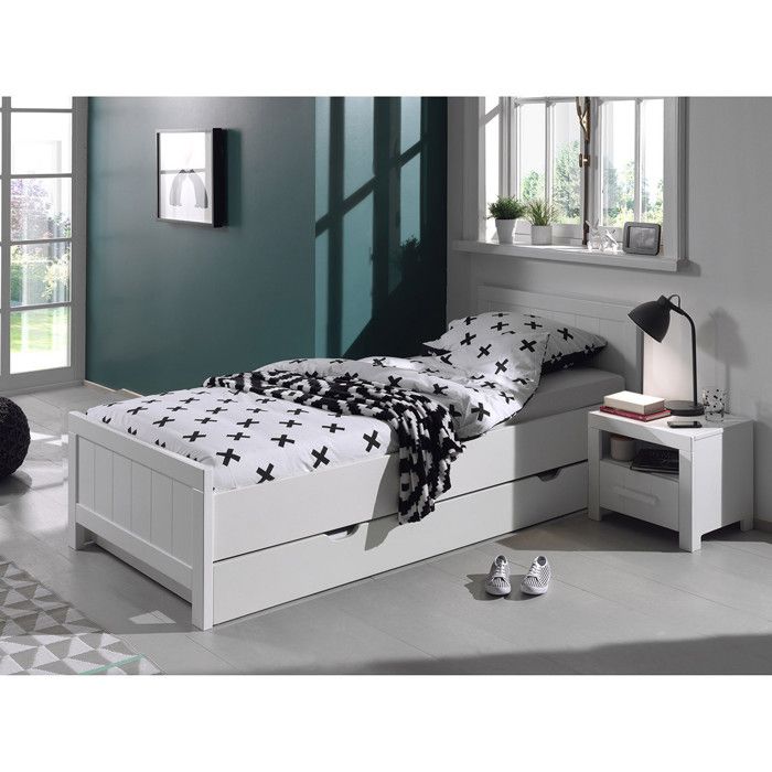 GASTON - Pack Lit 90x200cm + Chevet 1 Tiroir Laqués Blanc Sans Sommier ...