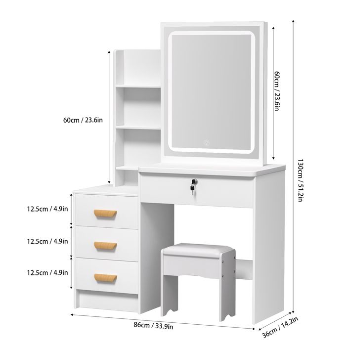 Coiffeuse avec miroir LED, Coiffeuse avec 4 tiroirs,4 étagères, Moderne ...