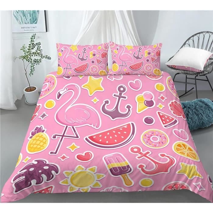 Parure De Lit 3D 1-2 Personnes, Dessin Animé Flamant Rose 140X200 Cm ...