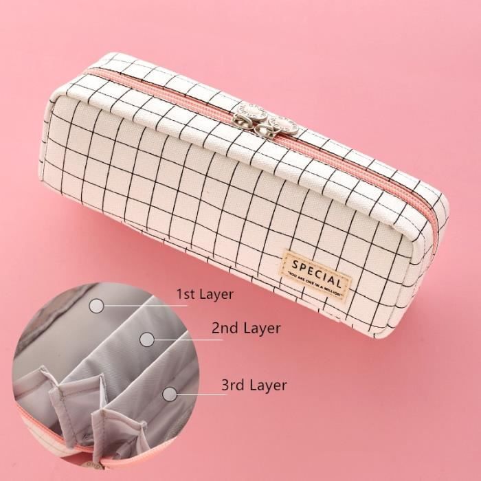 Trousse scolaire,Angoo [Plaid] – sac à crayons 3 couches,grande ...