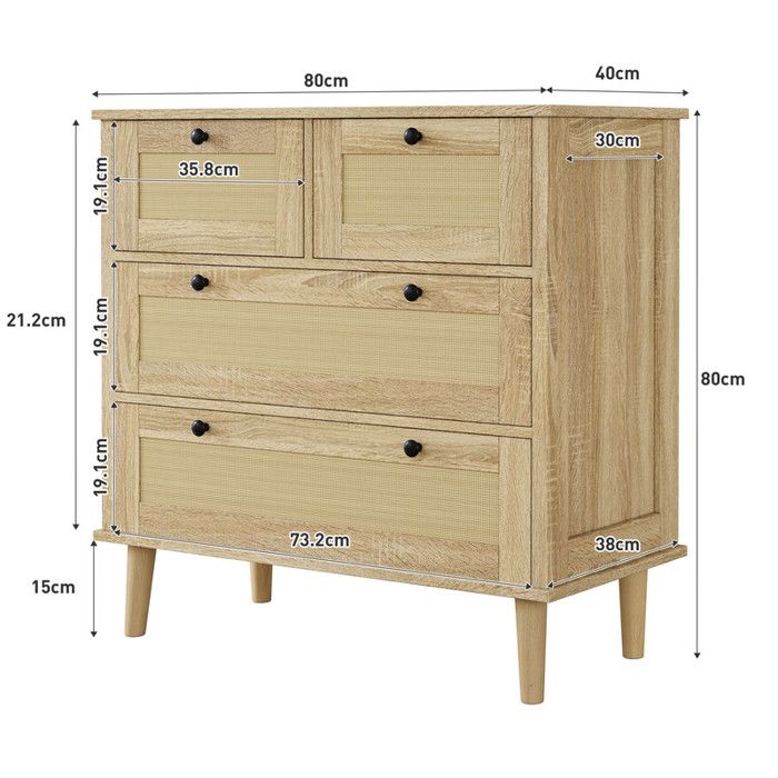 Buffet bas - 4 tiroirs en rotin - Pieds en bois massif - 80x40x80 cm ...