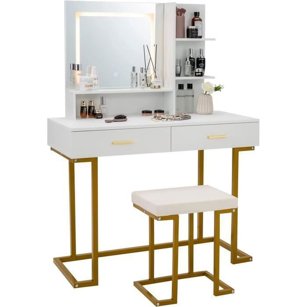 COSTWAY Coiffeuse avec Miroir Lumineux et Tabouret, Cadre en Acier avec ...