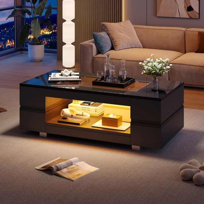 Table Basse-100x50x35cm-Table Basse LED avec Compartiment- contrôle par ...