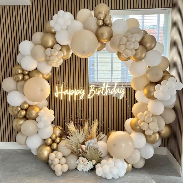 185 pcs Kit Arche Ballon Anniversaire Blancs Sable avec Ballons Dorés ...