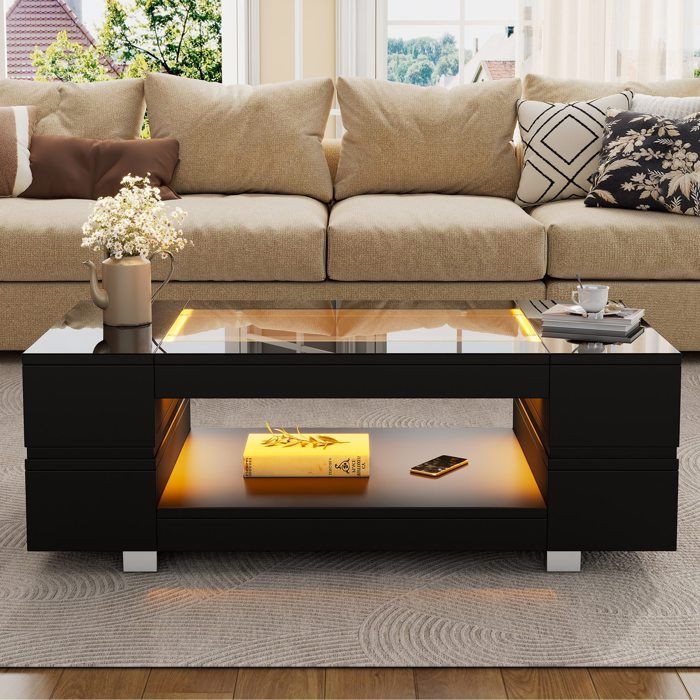 Table Basse-100x50x35cm-Table Basse LED avec Compartiment- contrôle par ...