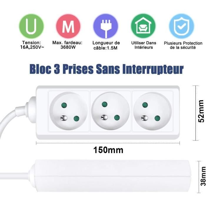 Rallonge Multiprise, Bloc 3 Prises 2P+T 16 A, Multiprise Electrique ...