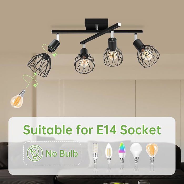 Plafonnier spots orientables 6 spots noir LED, douille E14, pour ...