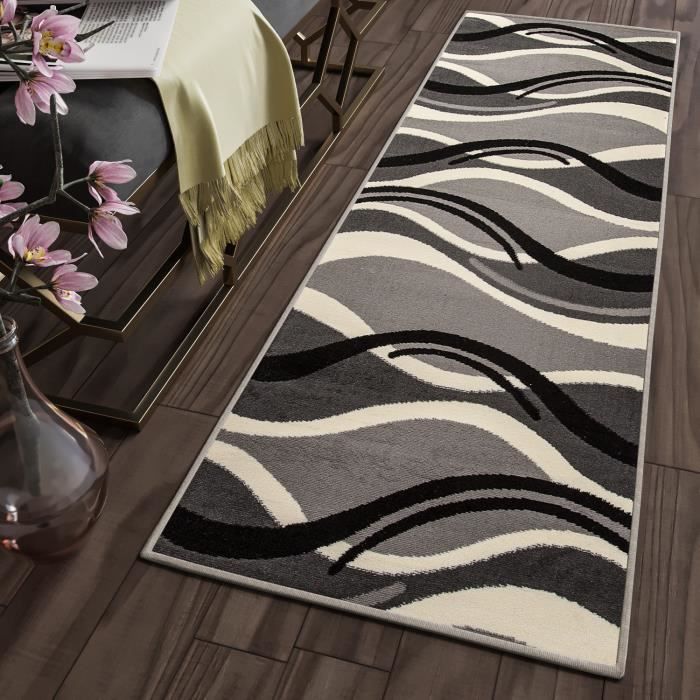 TAPISO Dream Tapis de Passage Moderne Vagues Blanc Gris Noir Fin 90 x ...