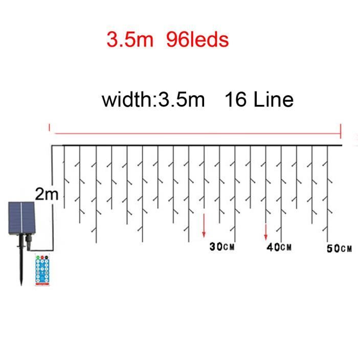 Blanc chaud 3.5m 96led Rideau lumineux LED solaire avec télécommande, guirlande lumineuse ...