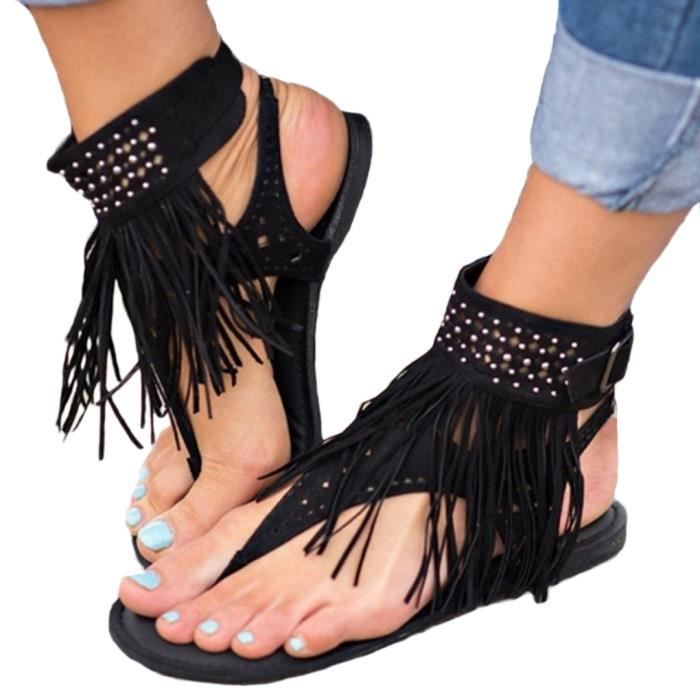 Sandales Plates Femme - Minetom - Bohême - Noir - Cuir synthétique et ...