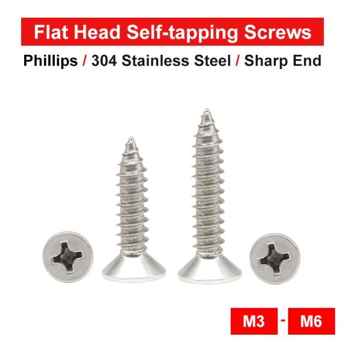 M6 6 PCS-70 mm -Vis autotaraudeuse à tête fraisée M3 M3.5 M4 M5 M6, vis Phillips à tête plate en ...