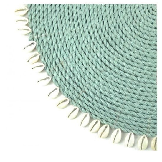 Set de table rond en jonc de mer et coquillages - Coloris vert d'eau ...