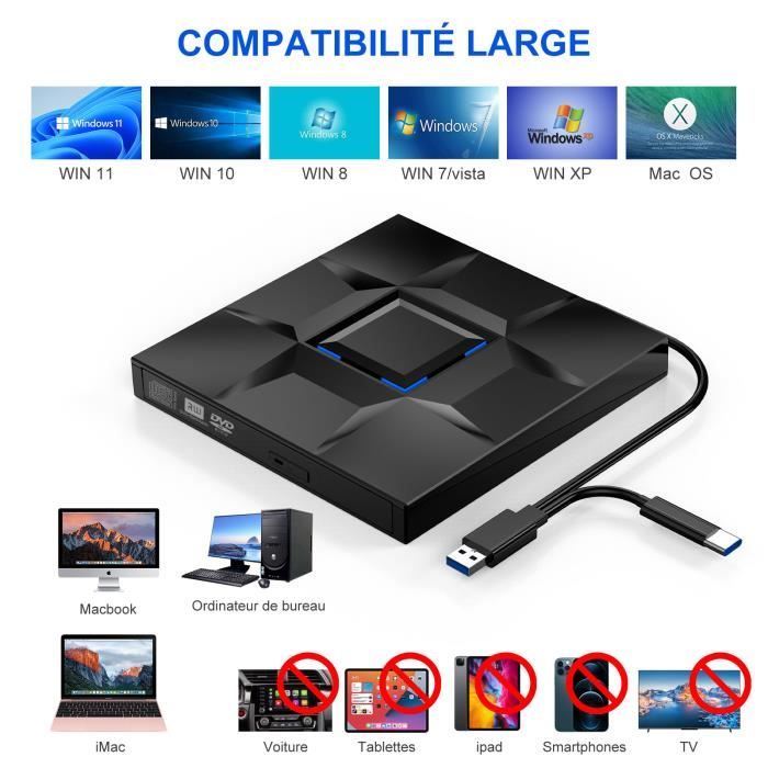 Lecteur Graveur DVD CD Externe - Noir - USB 3.0 - Type-C - Ultra Slim ...