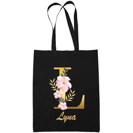 Tote Bag Lyna Sac Cabas Réutilisable Prénom Femme Fond Noir Avec Lettre ...