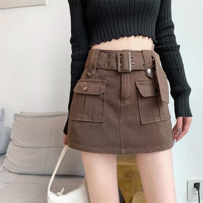 Mini jupes cargo en denim pour femmes - Coffee with belt Blanc - Cdiscount Prêt-à-Porter