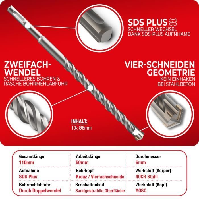 Sds Plus Lot De 10 Forets 6 Mm X 110 Mm \U2013 Foret À Béton \U2013 ...