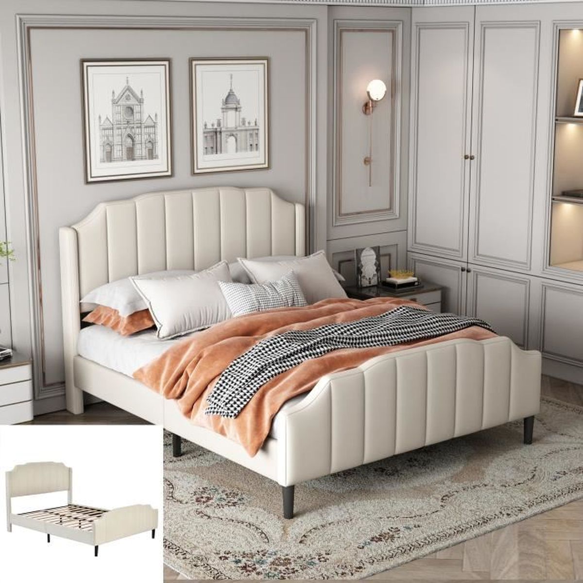 Lit double capitonné 140x200cm en velours beige 2 places Cadre de lit ...