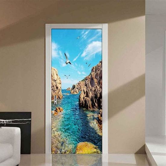 Moderne Art Stickers De Porte Pvc Ciel Bleu Rock Mouette Ocan Paysage ...