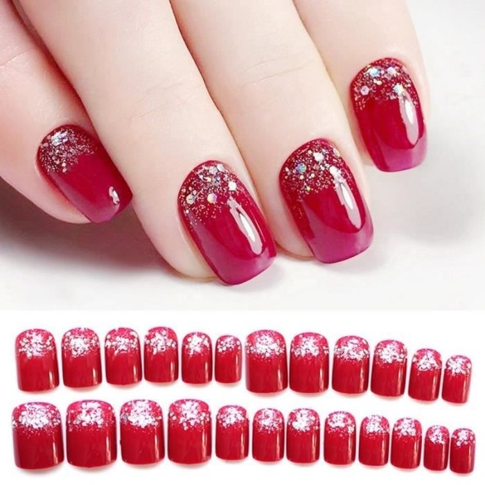 24pcs \ - Set faux ongles scintillants rouges avec couverture acrylique ...
