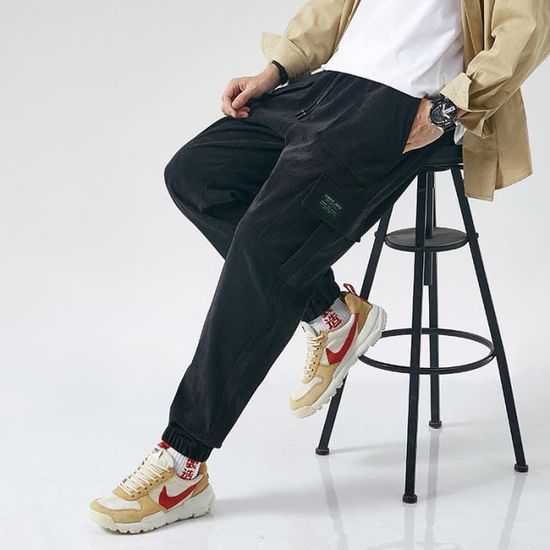 Pantalon de jogging - Cargo en velours côtelé pour homme - Noir - Style Hip Hop Streetwear ...