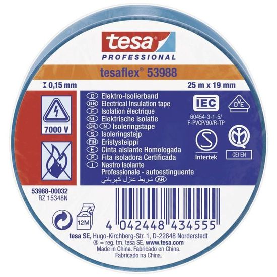 Ruban isolant bleu - tesa - tesaflex IEC 53988-00032-00 - PVC - 25 m x ...