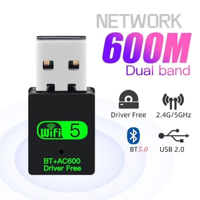 2.4G-5G-AC600-BT5.0 - Adaptateur USB WiFi 5 600Mbps Bluetooth 5.0, Dongle double bande 2.4 GHz ...
