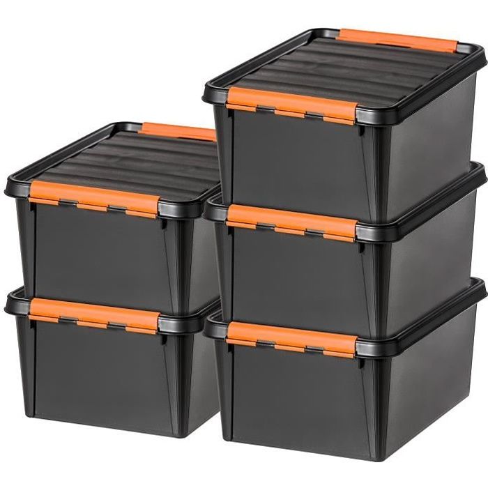 Lot de 5x Boîte de rangement Pro | 14 l | Très solide | Noir | Avec ...