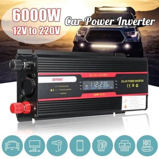 Voiture Onduleur Solaire 6000 W Pe ak Convertisseur Tension Transformateur Ecran LCD 12V-220V ...
