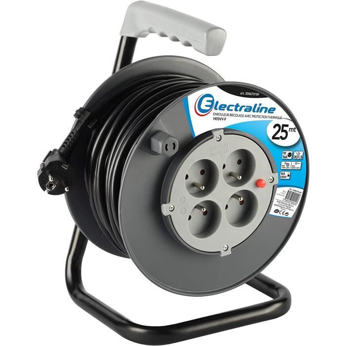 20867018F Rallonge Prolongateur électrique 25 m avec enrouleur 4 Prises 16 A section 3G1,5 mm² ...