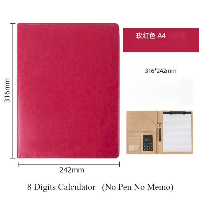 POCHETTE PLASTIQUE,Rose Red--Classeur en cuir PU A4 avec calculatrice, organisateur de fichiers ...