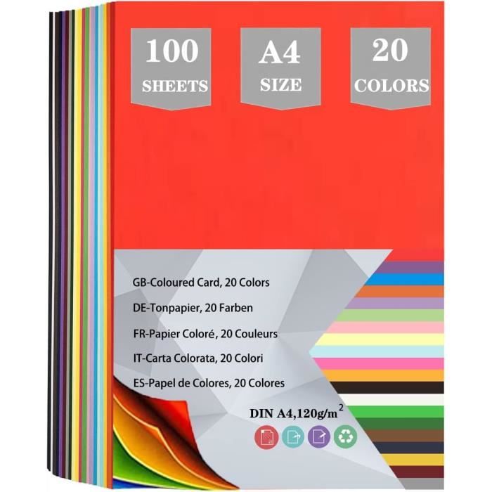 100 Feuilles de Papier Cartonné Couleur, 20 Couleurs Papier A4 Couleur 120 g-m², Feuilles ...
