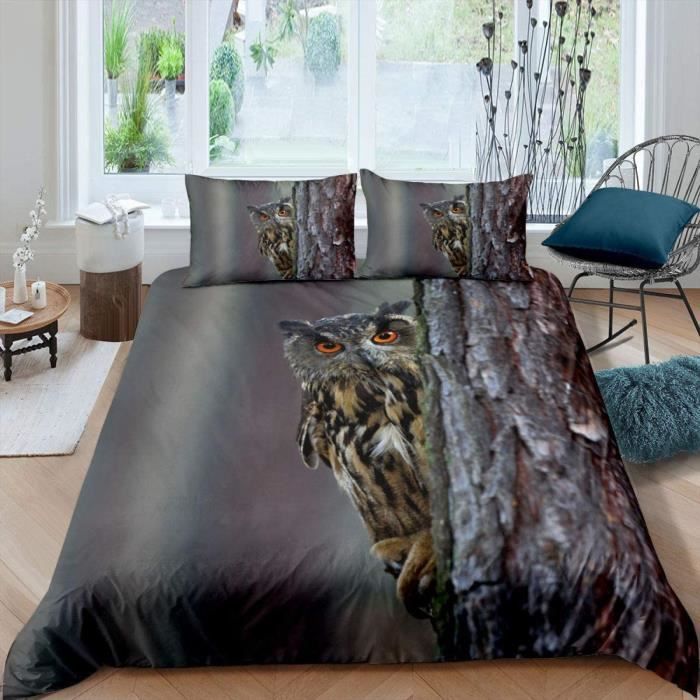 Housse de Couette 220x240 chouette animal gris Imprimée Microfibre Parure de Lit, 2 x Taie d ...