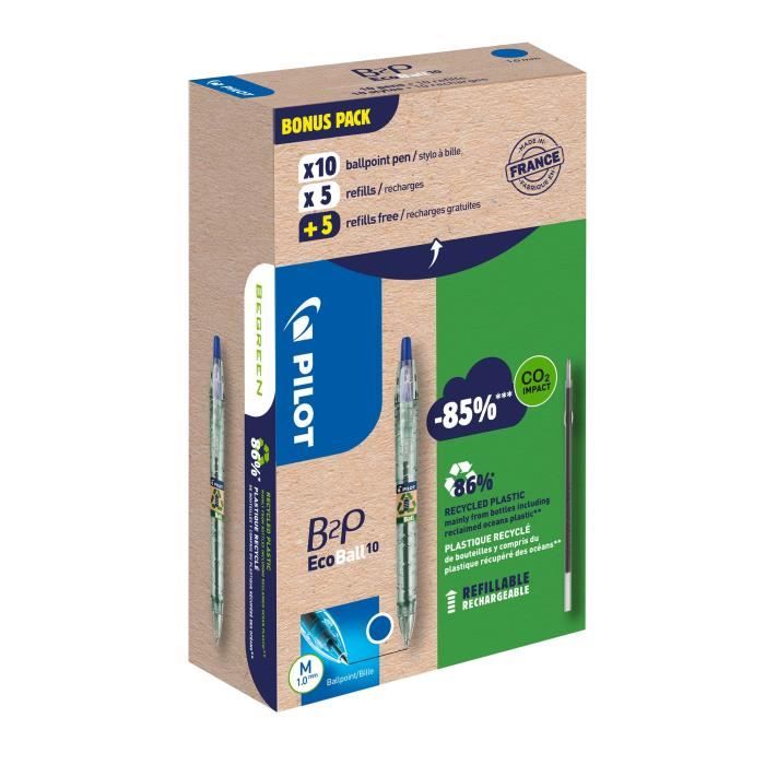 Stylos bille - PILOT - Ecoball B2P - Pack 10+10 recharges (50% ...