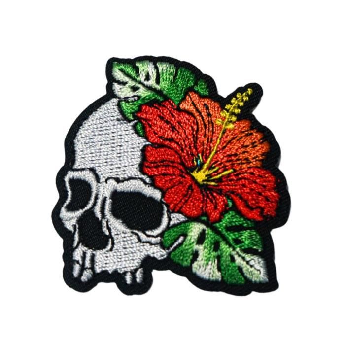 Patch Ecusson Thermocollant Tête de mort fleur rouge 4,50 x 5,50 cm ...