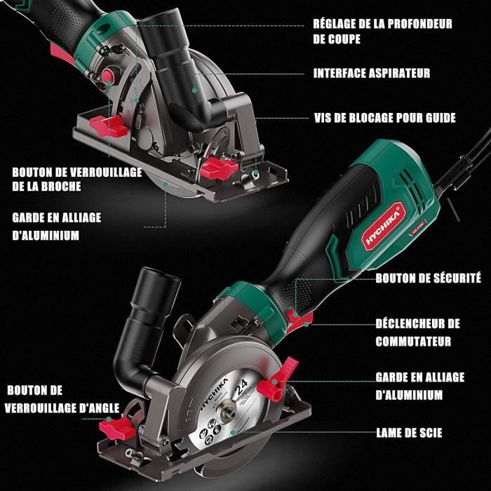 Scie Circulaire, HYCHIKA 750W 3500RPM Petite Scie Circulaire, 3 Lames(115 & 125mm) Profondeur de ...