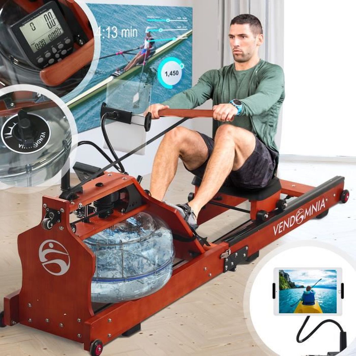 Rameur à eau pliable orange avec écran LCD porte iPad repose-pieds ...