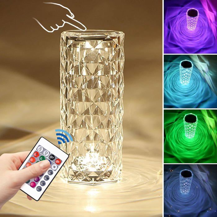 Lampe Cristal Tactile - Diamant LED Acrylique - Télécommande Tactile 16 ...