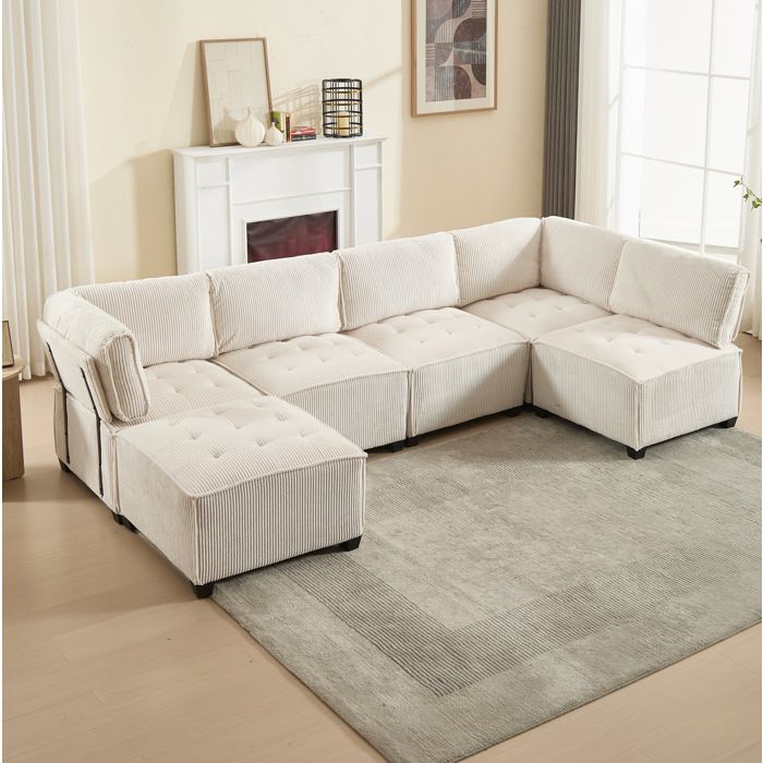 Canapé d'angle 6 places 308cm, tissu corduroy beige, ergonomique ...