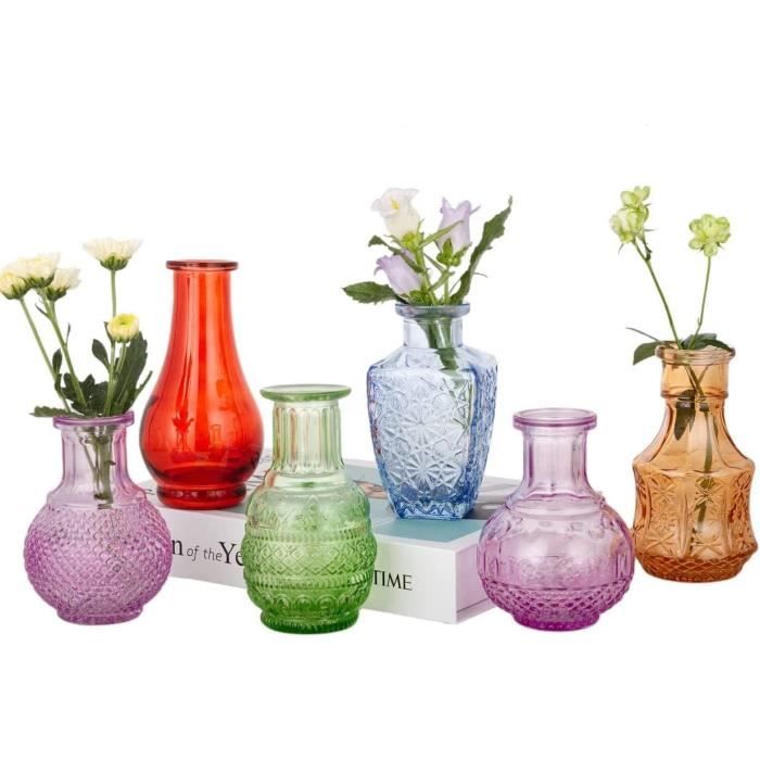 Lot de 6 vases en verre colorés pour centres de table, mini vase floral ...