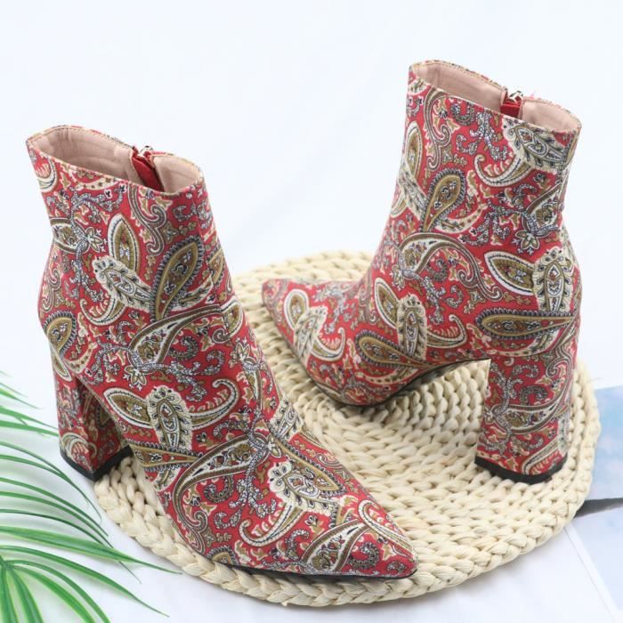 Femmes Fleur Imprimer Broderie bout pointu Chunky talon Chaussures ...
