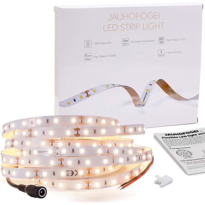 5M Ruban LED 12V DC (1200Lm-M), 3000K Lumière Blanc Chaud, Bande ...