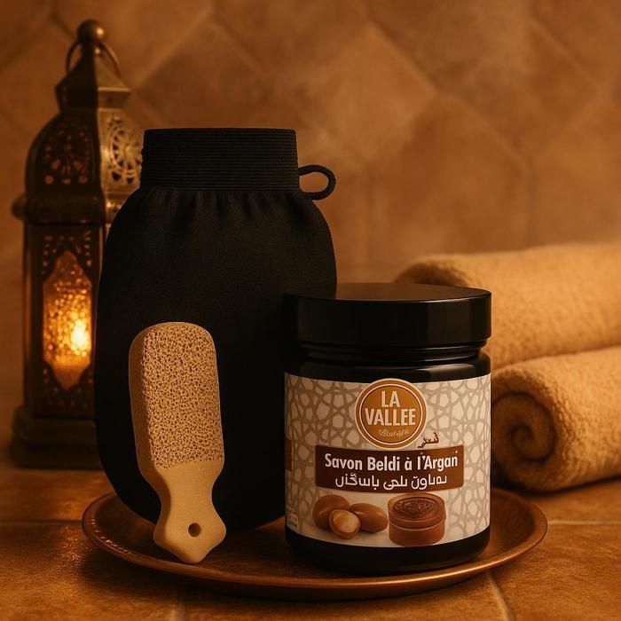 Pack Hammam Marocain Éclat de Peau – Savon Noir à l’Argan 200g + Gant Kessa + Pierre Ponce ...