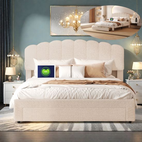 Lit double 160x200cm avec grand tiroir - USB et type C - Lit capitonné ...